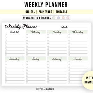 Weekly Planner - Printable, Editable PDF, Digital | to Do List ...