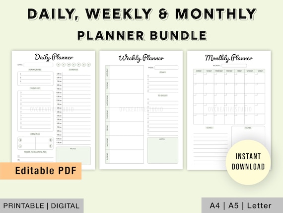 Editable Daily Weekly Monthly Planner Bundle Printable - Etsy