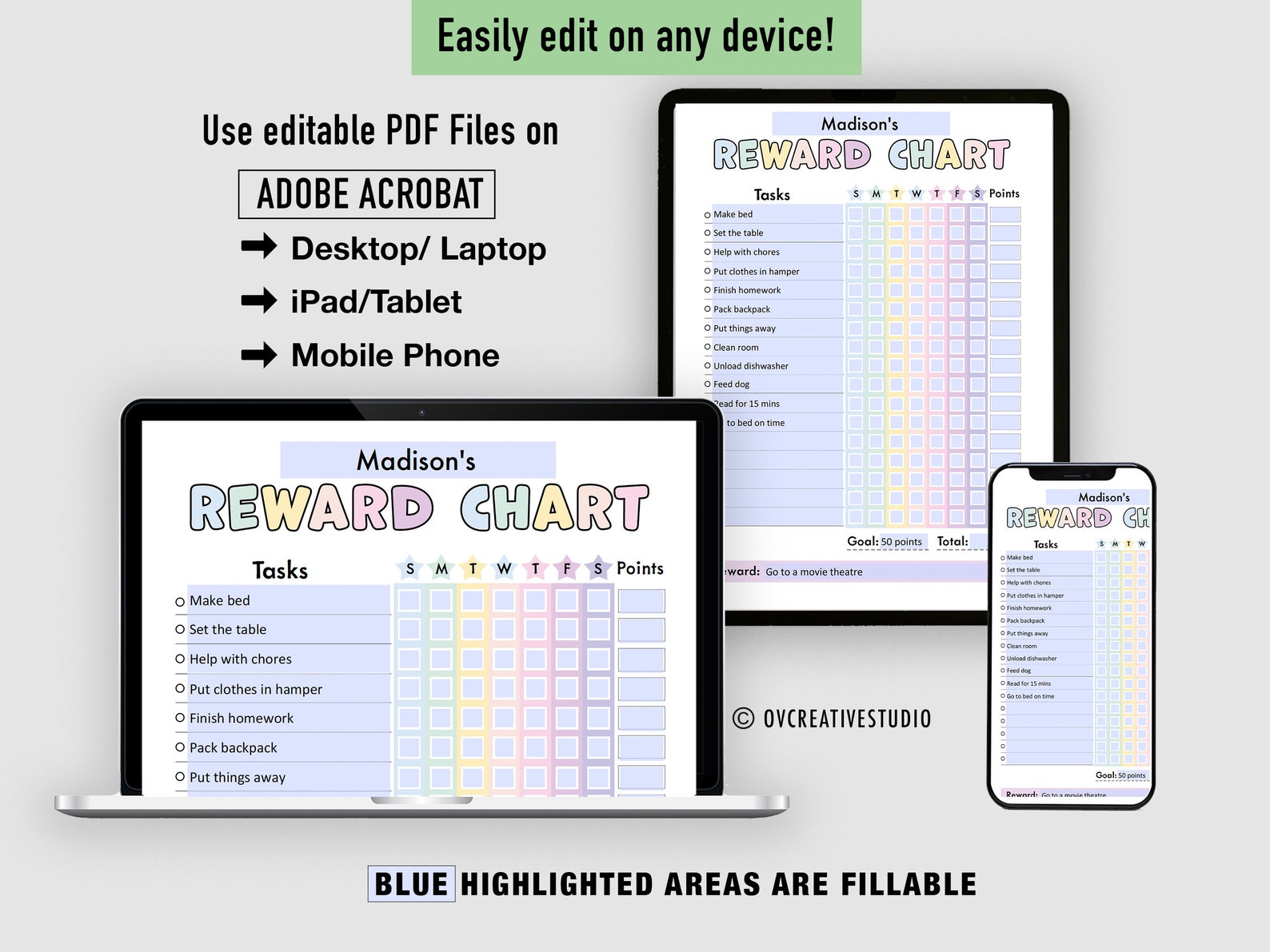 Reward Chart for Kids Printable Editable Digital PDF - Etsy UK