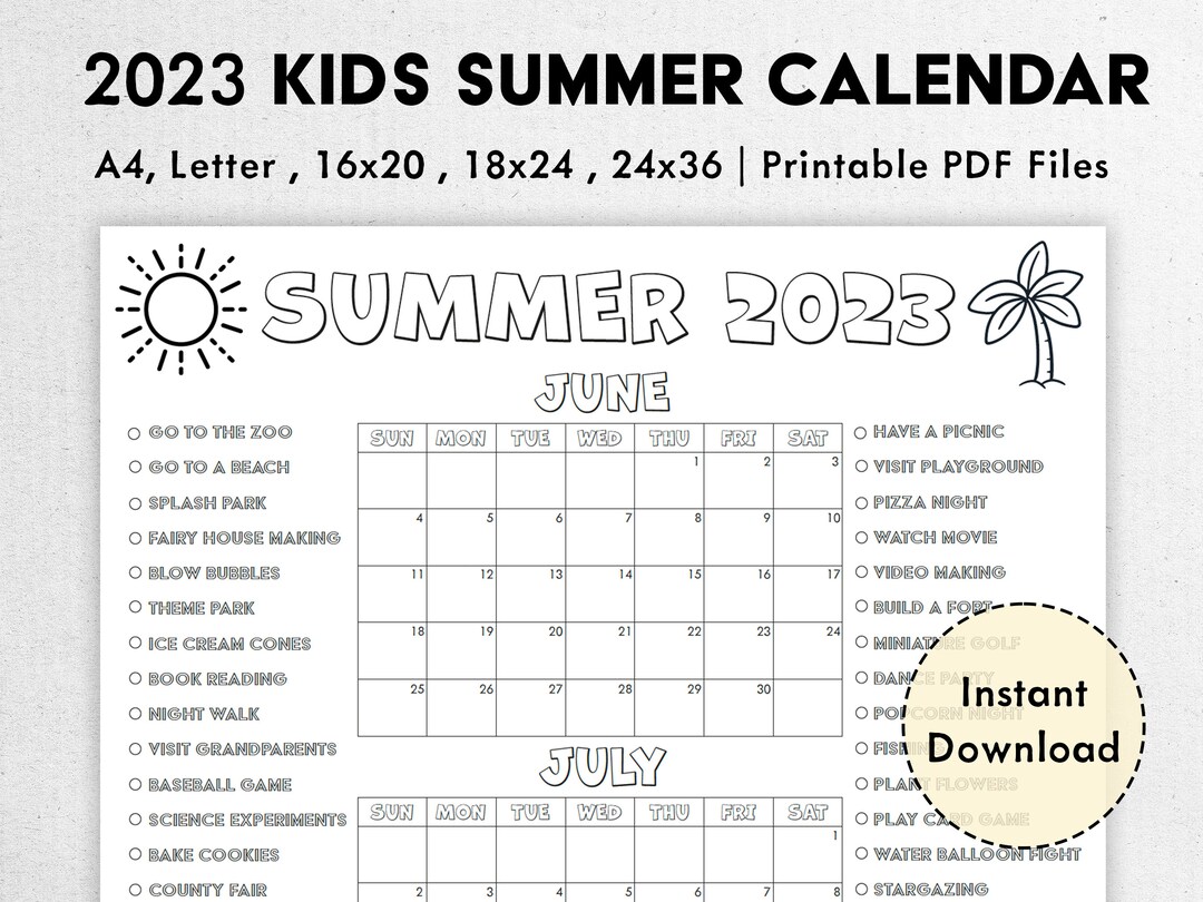 Summer Planner 2023 Kids Calendar Printable, Summer Bucket List, Summer ...