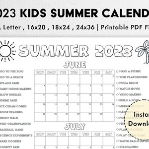Summer Planner 2023 Kids Calendar Printable, Summer Bucket List, Summer ...
