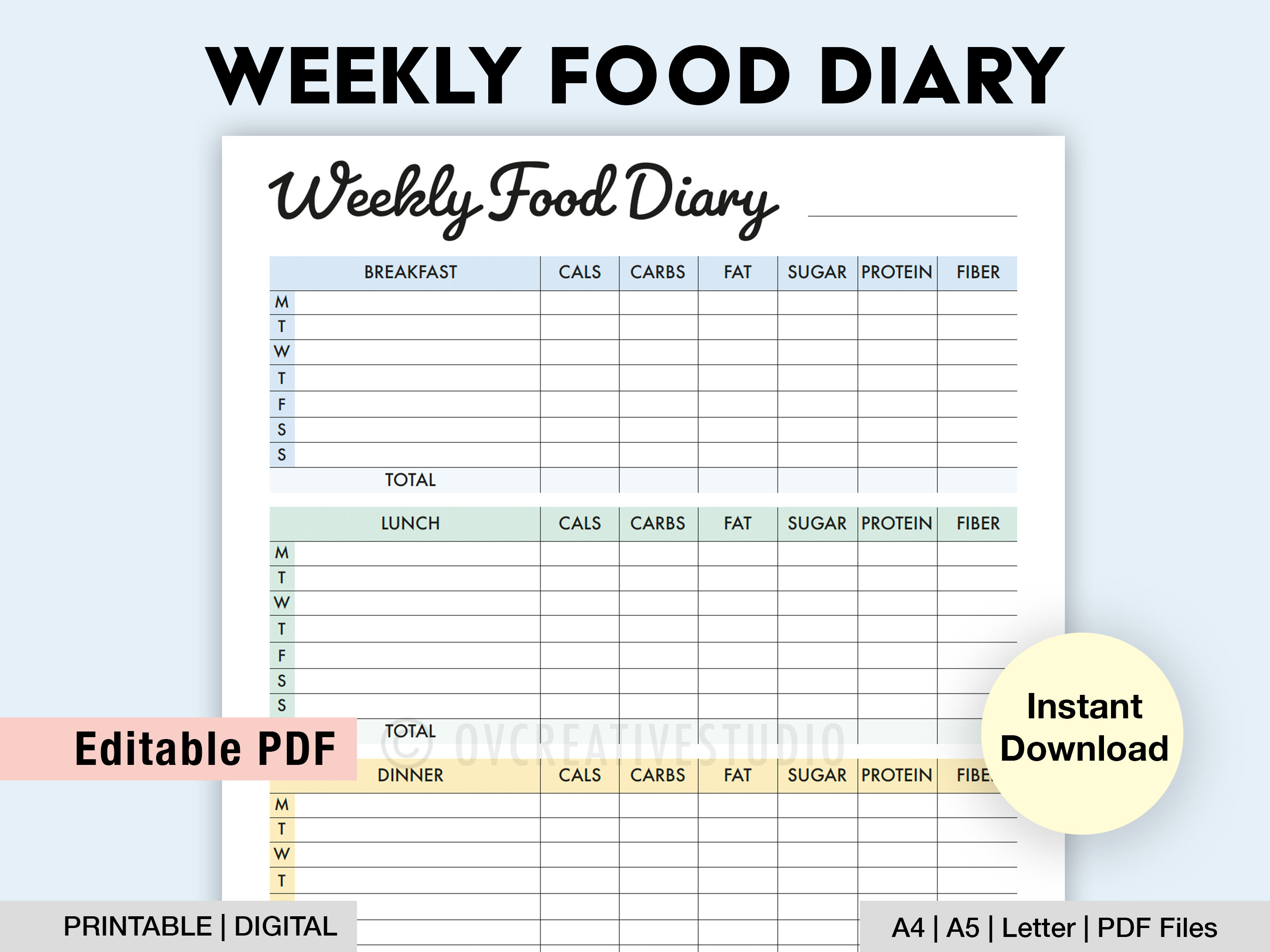 Editable Weekly Food Diary | Printable, Digital | Diet Log | Daily Food ...