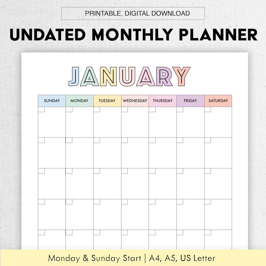 Editable Undated Monthly Calendar | Vertical | Printable Undated ...