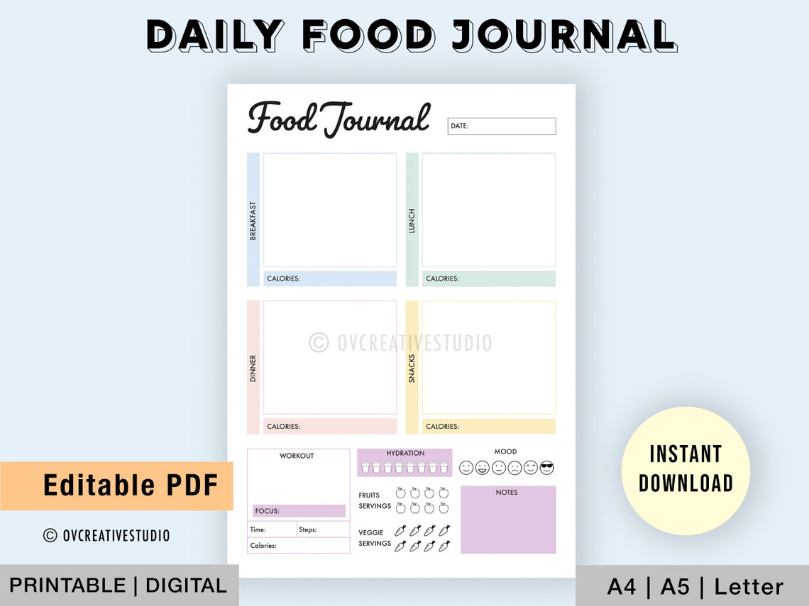Editable Food Journal Printable Digital Food Diary Daily - Etsy UK