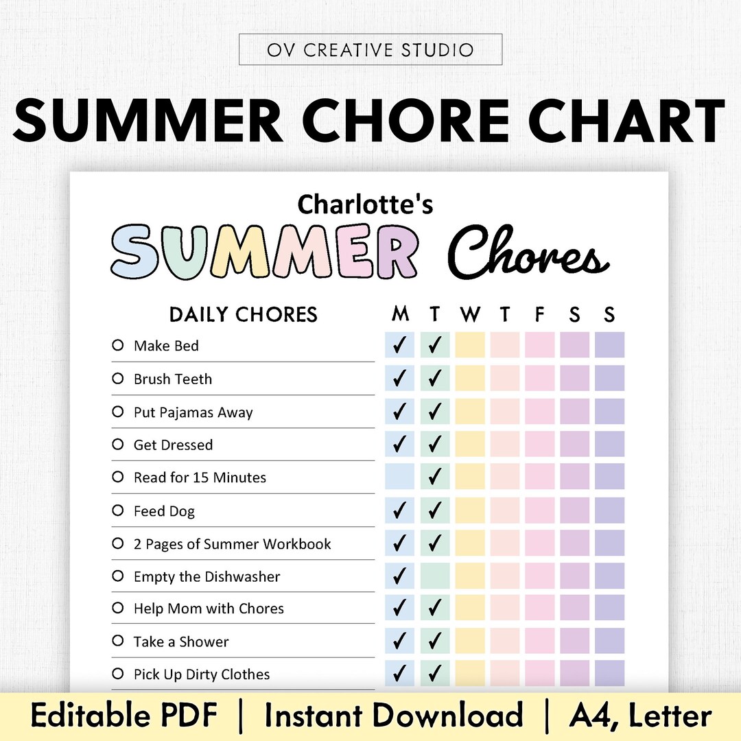 Editable Summer Chore Chart for Kids, Printable, Digital, Summer ...