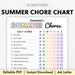 Editable Summer Chore Chart for Kids, Printable, Digital, Summer ...