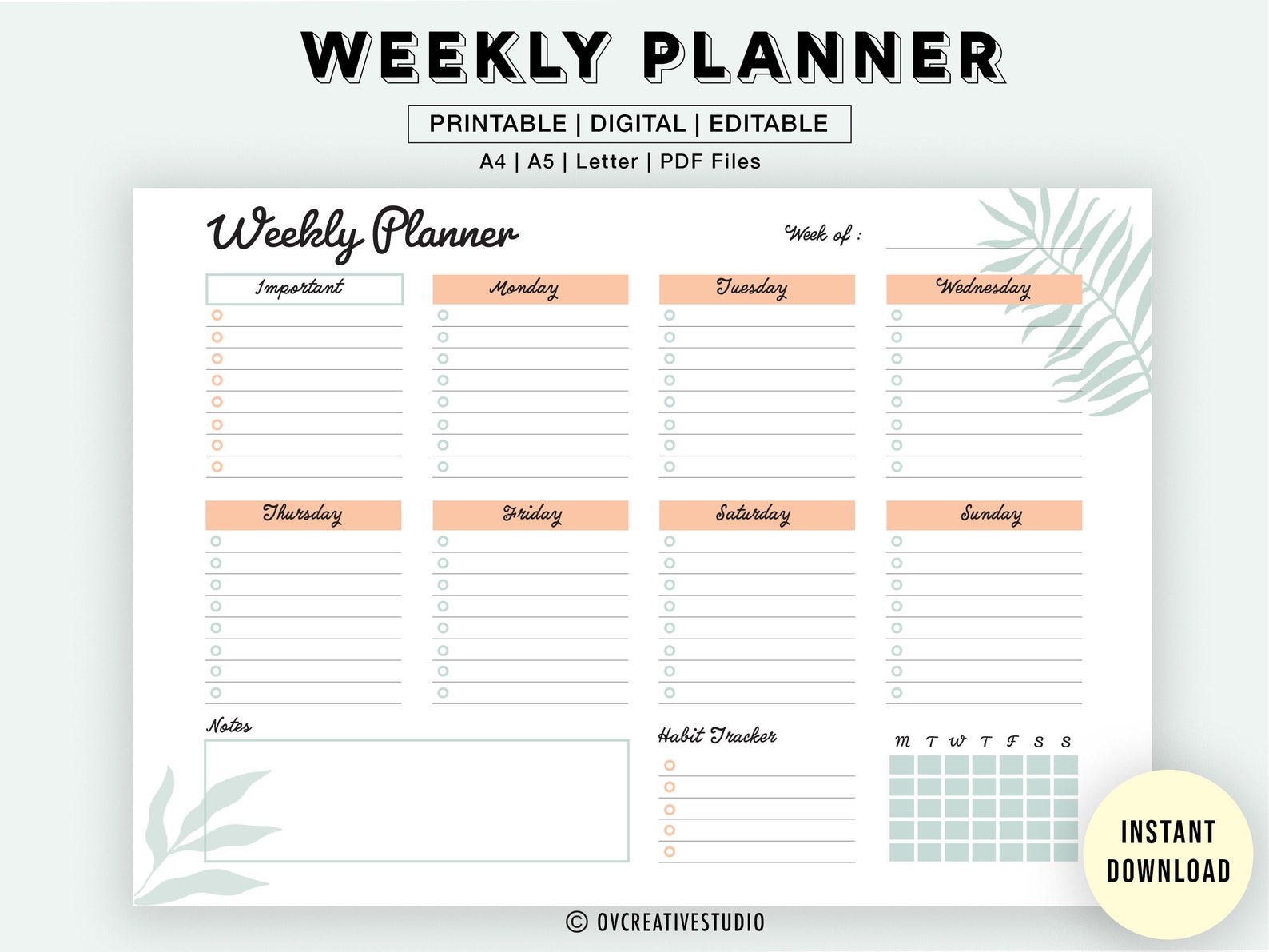 Editable Weekly Planner | Printable | PDF [A5, A4, Letter] Digital to ...