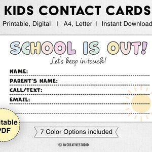 Printable Summer Contact Card Editable End of School Cards - Etsy