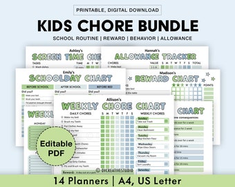 Editable Kids Chore Charts, Reward, Allowance, Screen Time, School ...