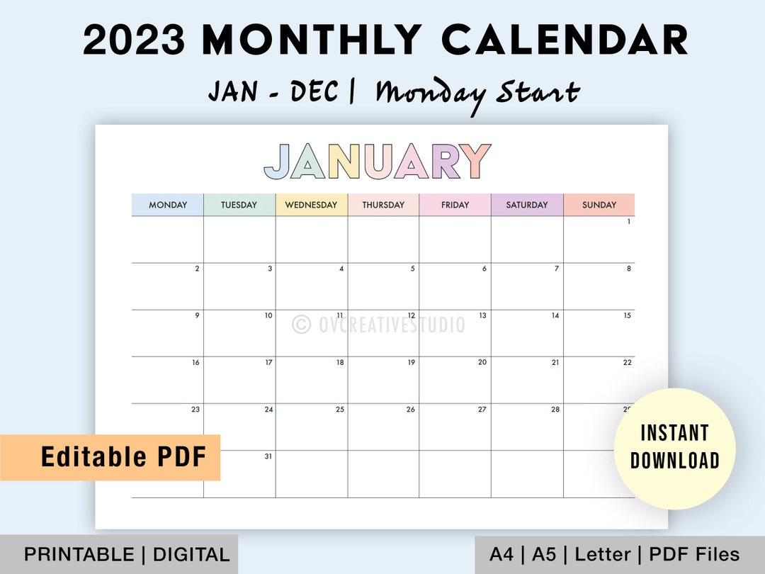 2023 Monthly Calendar Printable, Digital PDF Dated Monthly Calendar ...