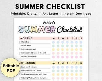 EDITABLE Summer Chore Chart INSTANT DOWNLOAD Printable - Etsy