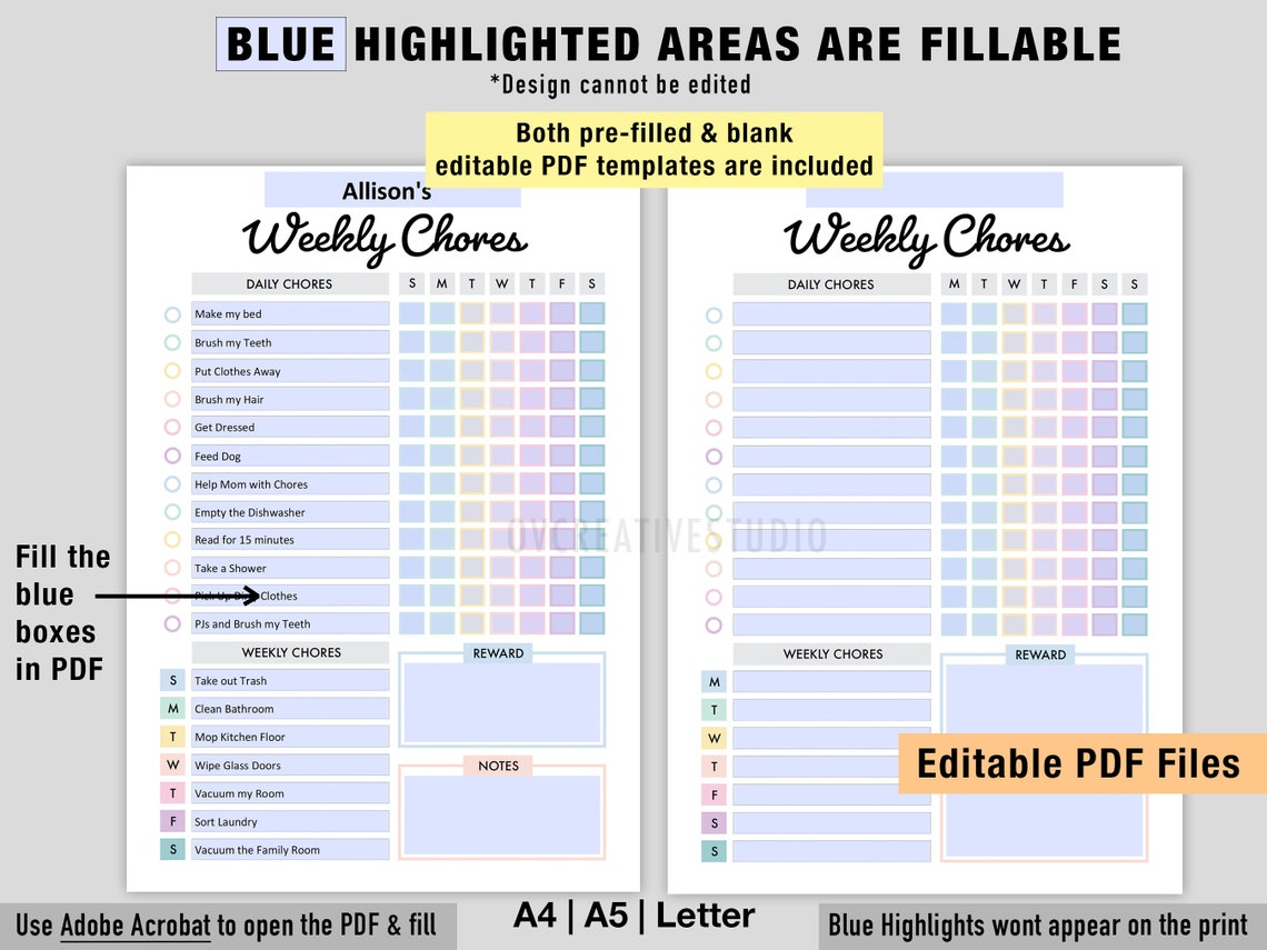 Editable Weekly Chore Chart for Kids Printable Kids Daily - Etsy UK
