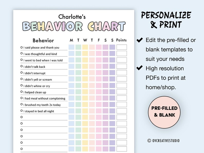 Behavior Reward Chart for Kids Printable Editable Digital - Etsy
