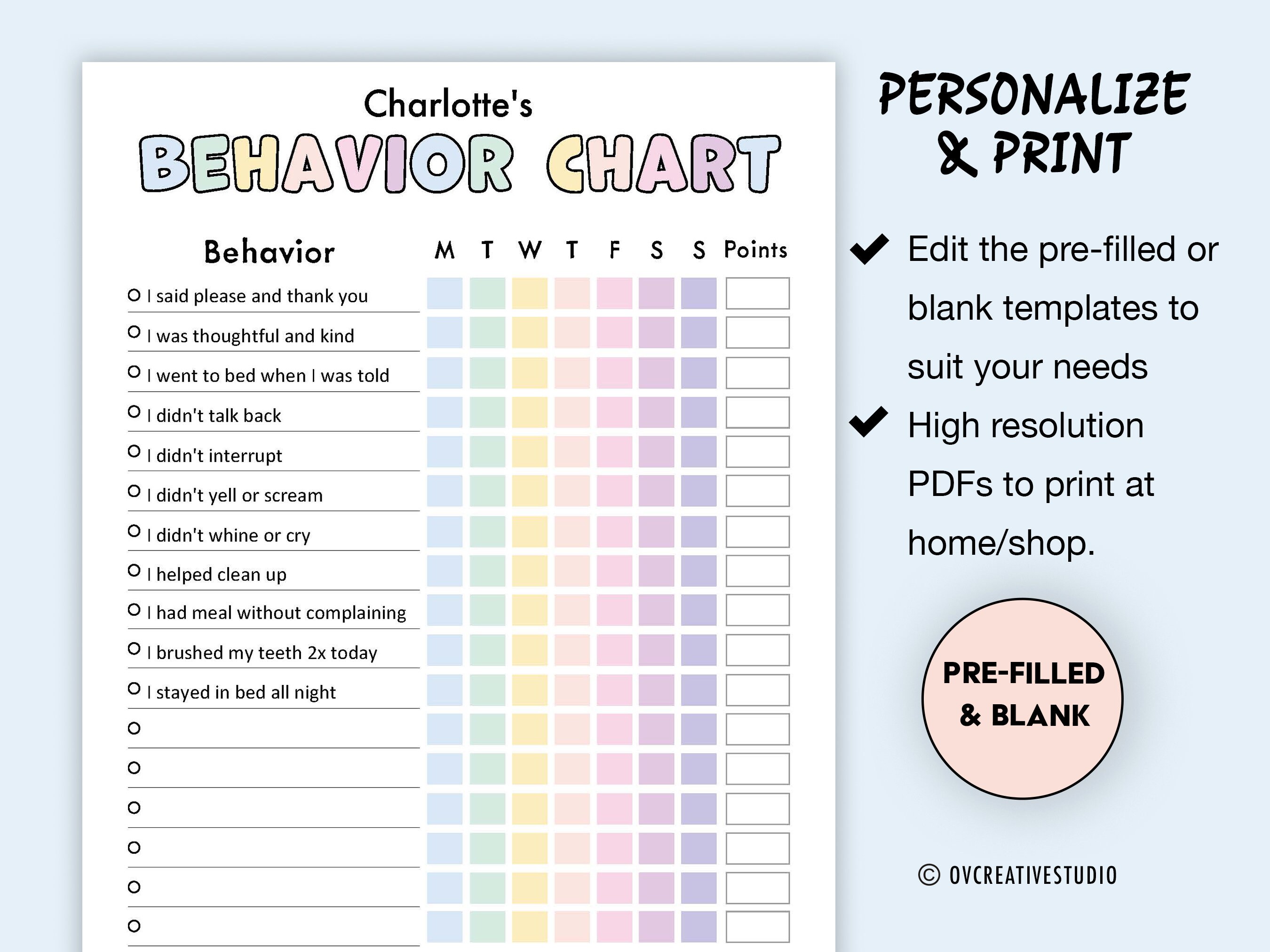 Behavior Reward Chart for Kids Printable Editable Digital - Etsy UK