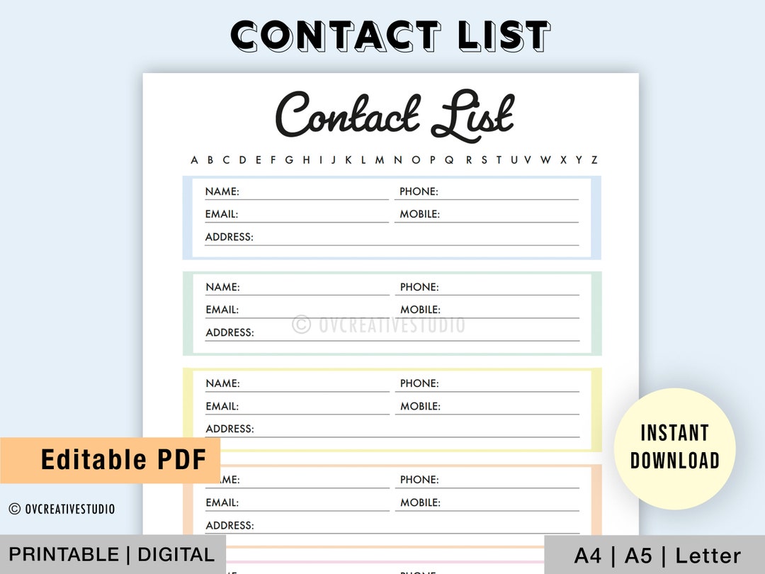 Editable Contact List | Printable Contact List | Address Book | Contact ...