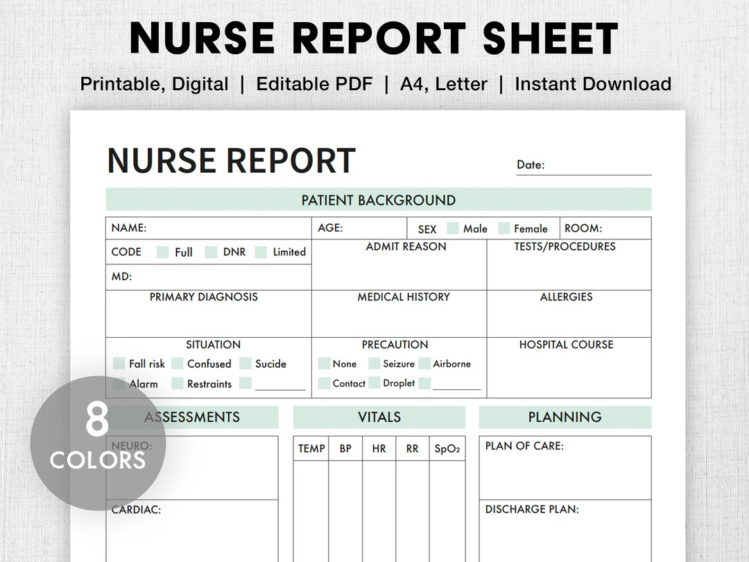 Editable Nurse Report Sheet | Printable, Digital | Nurse Brain Sheet, Single Patient Reporting ...