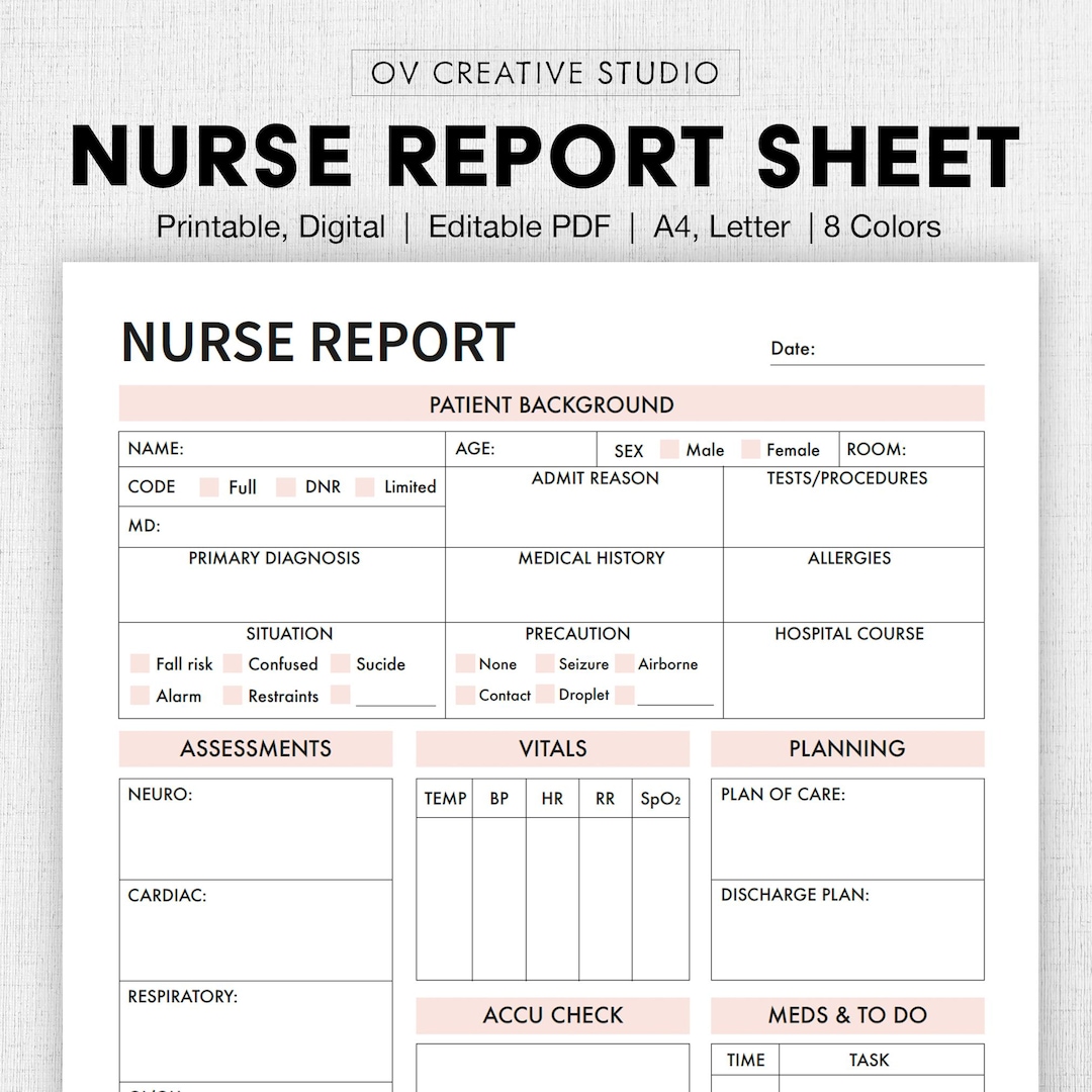Editable Nurse Report Sheet | Printable, Digital | Nurse Brain Sheet ...