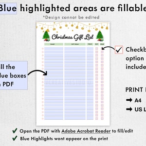 Christmas Gift List Printable | Fillable | Editable PDF | Christmas ...
