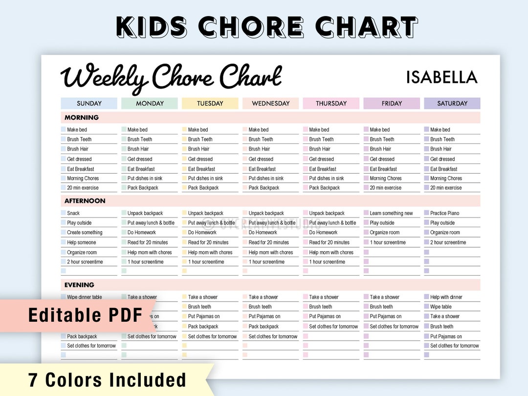 Editable Weekly Chore Chart for Multiple Kids | Printable, Digital ...