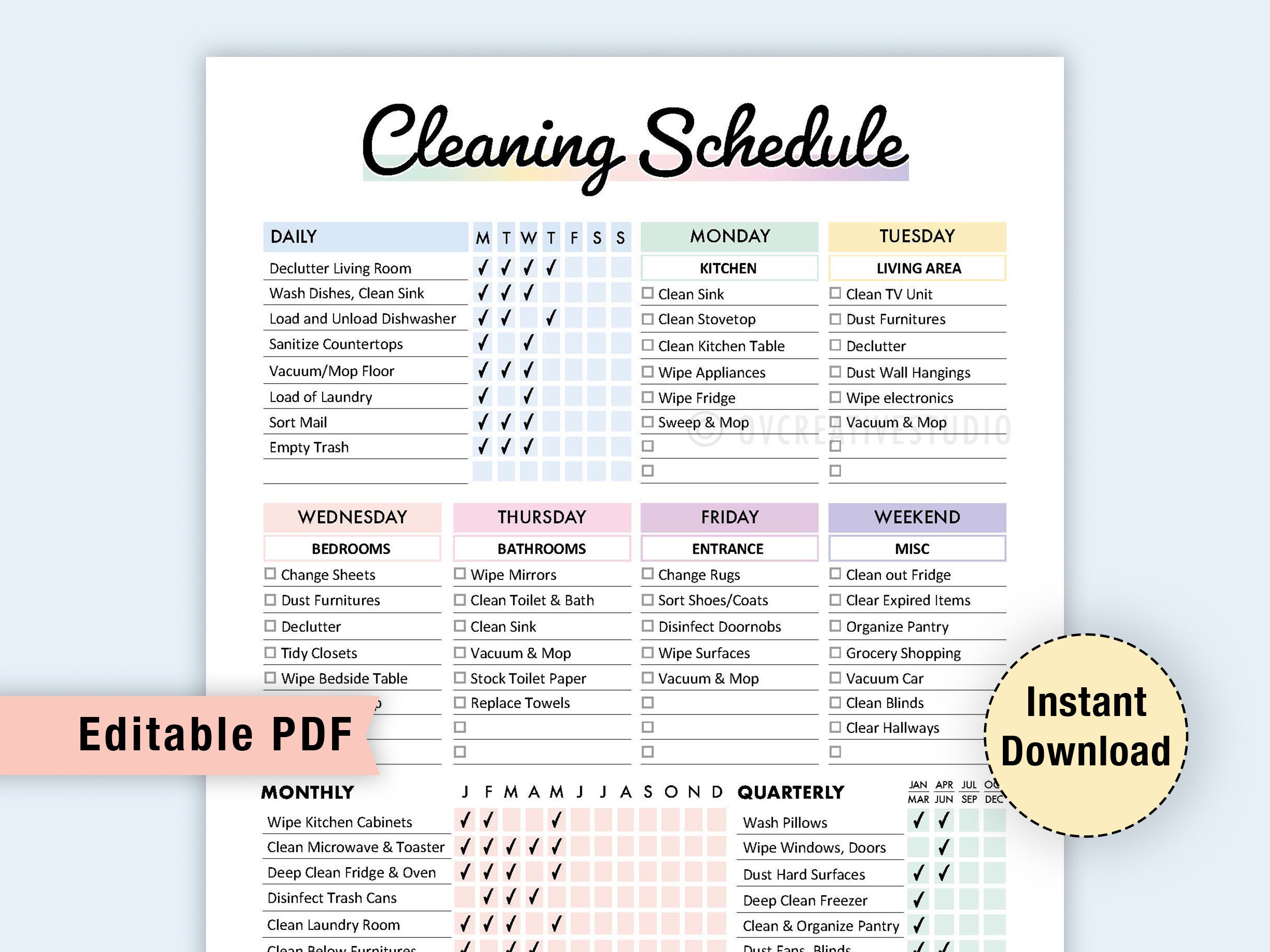 EDITABLE Cleaning Schedule, Printable, Weekly, Monthly, Yearly Cleaning Checklist, Cleaning ...