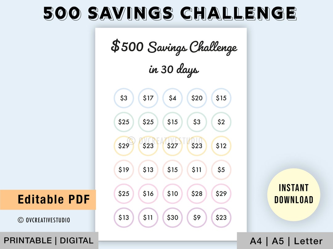 500 Savings Challenge | Printable, Digital | Savings Tracker | Money ...