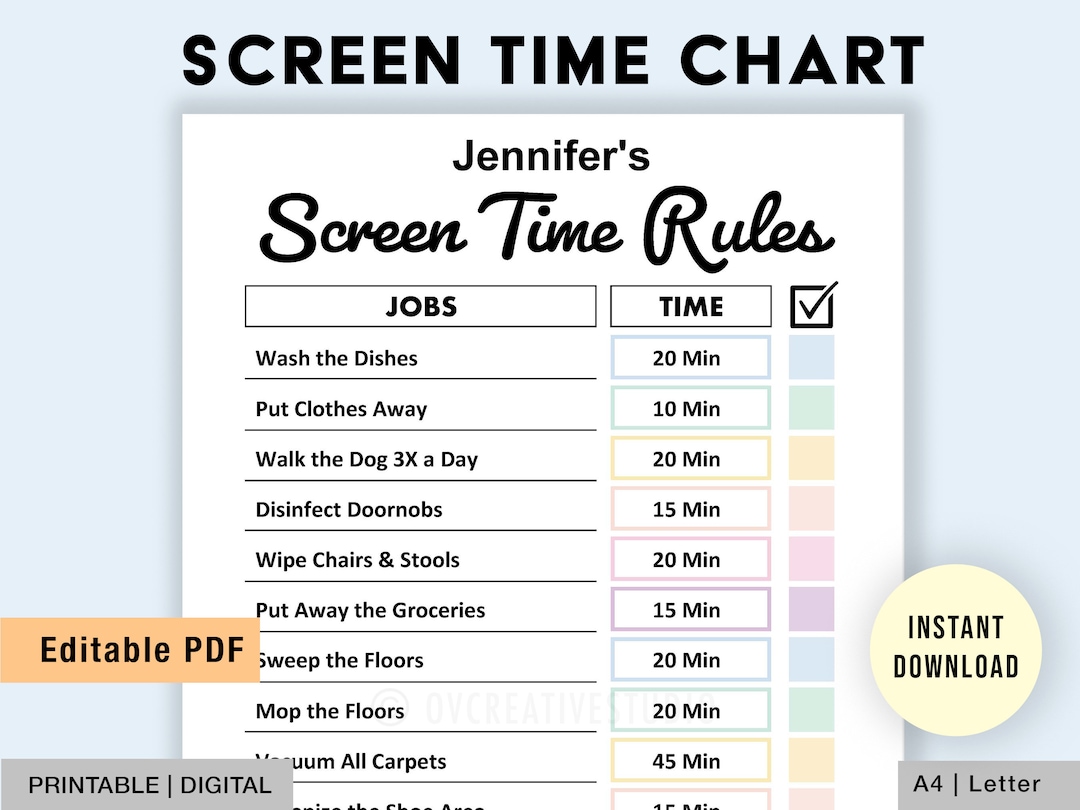 Editable Screen Time Chart Kids Printable, Digital Screen Time Chore ...