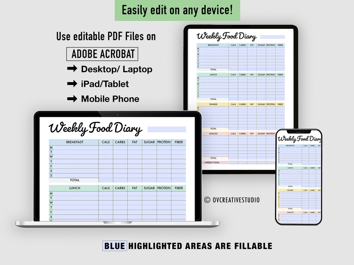 Editable Weekly Food Diary | Printable, Digital | Diet Log | Daily Food ...