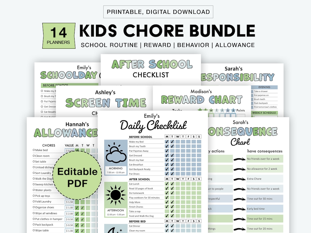 Editable Kids Chore Charts, Reward, Allowance, Screen Time, School ...