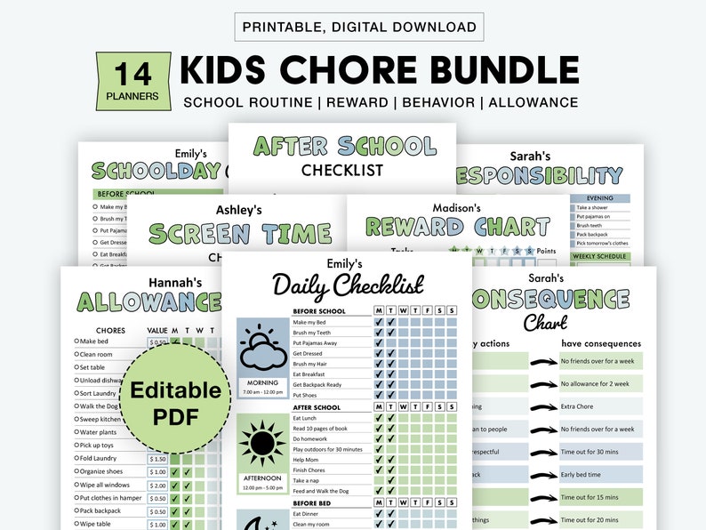 Editable Kids Chore Charts, Reward, Allowance, Screen Time, School ...