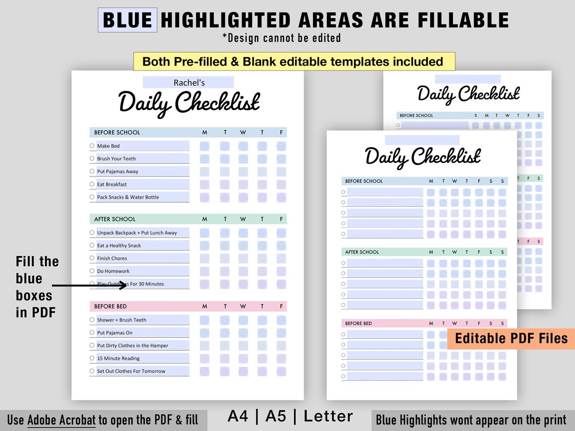 Editable Daily Checklist for Kids Printable Kids - Etsy