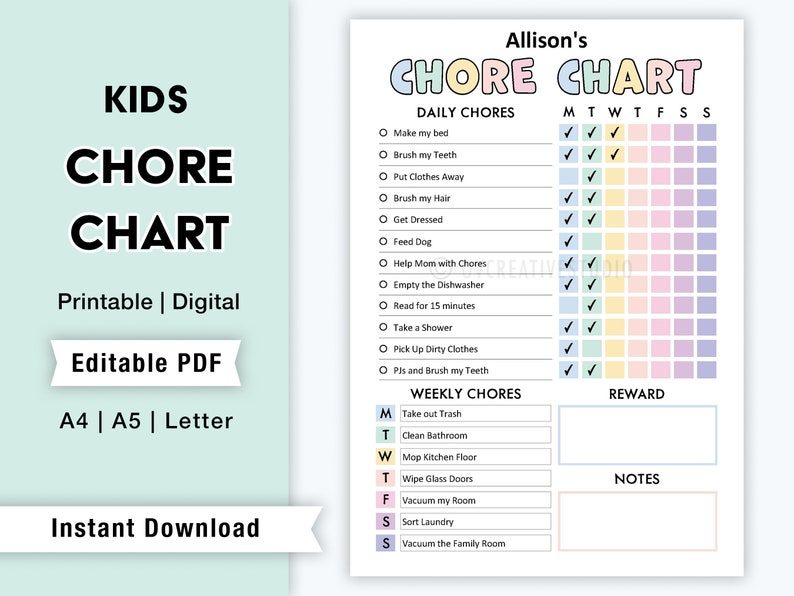 Editable Chore Chart for Kids Printable Kids Daily Weekly - Etsy