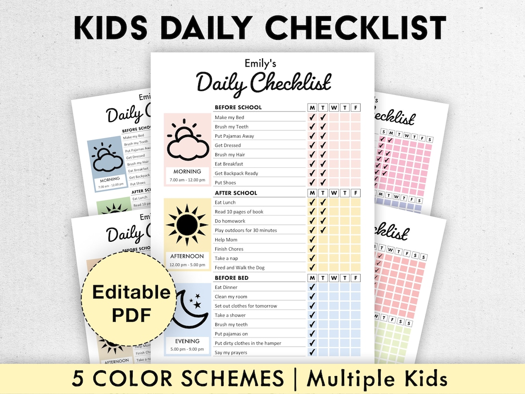 Editable Daily Checklist for Kids | Printable | Kids Responsibility ...