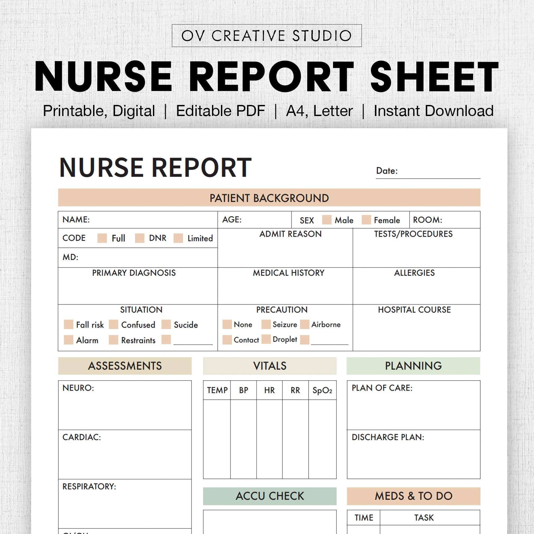 Editable Nurse Report Sheet | Printable, Digital | Nurse Brain Sheet ...