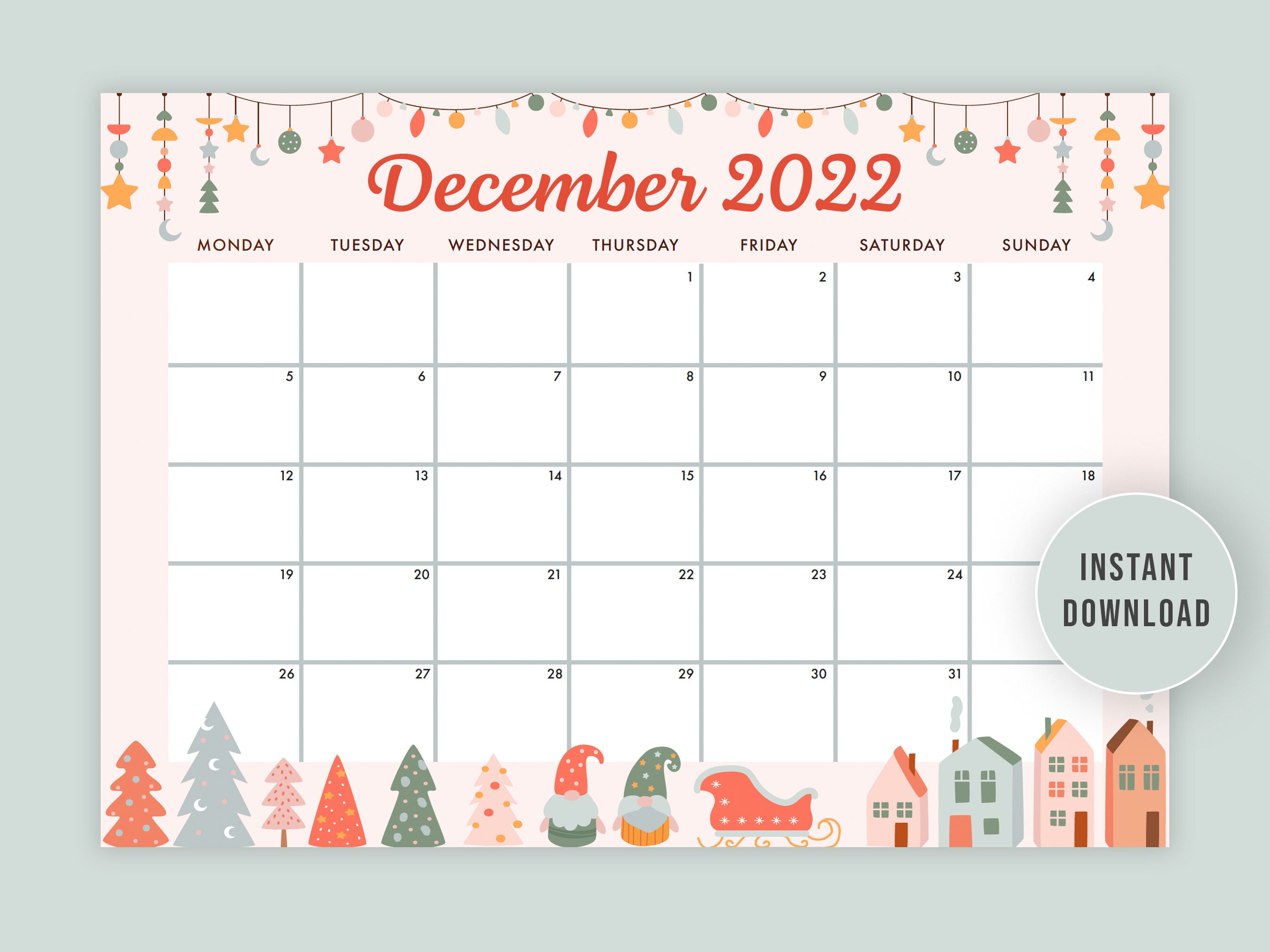 Cute Calendar December 2022 Printable