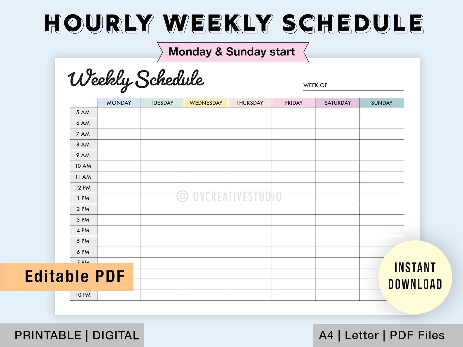 Editable Weekly Schedule Printable Weekly Planner Hourly - Etsy UK