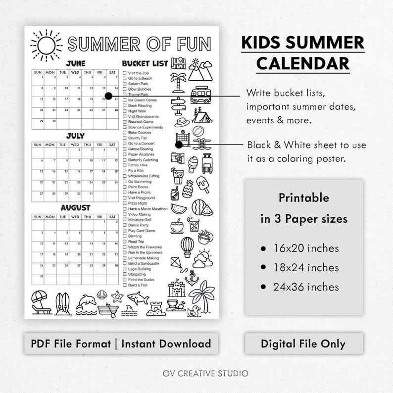 2025 Summer Coloring Calendar, Printable Kids Summer Planner, Summer ...