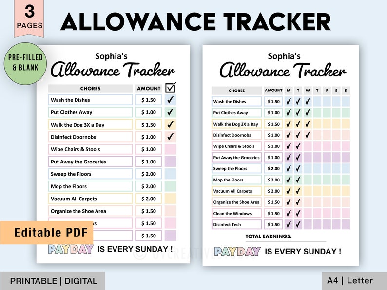 Editable Allowance Tracker Kids | Earn Money Chart | Daily Weekly ...