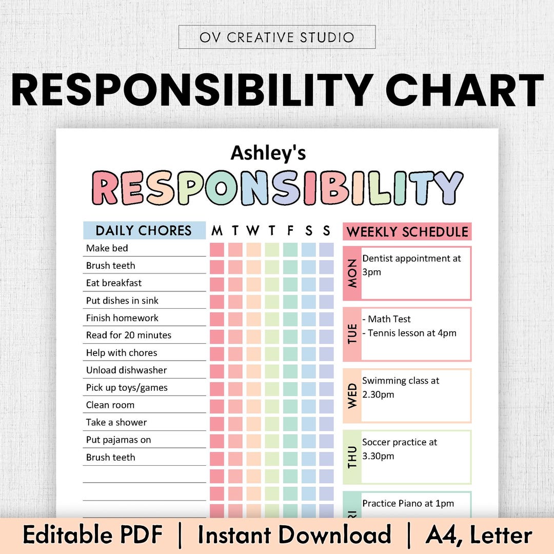 Editable Responsibility Chore Chart for Kids | Printable | Kids Daily ...