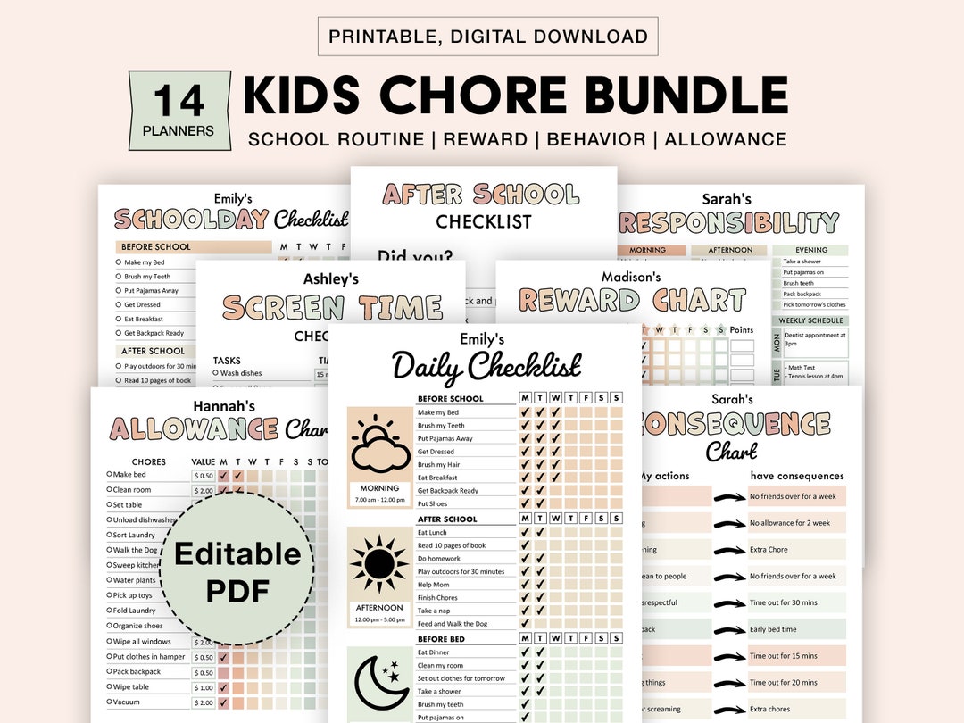 Editable Kids Chore Charts, Reward, Allowance, Screen Time, School ...