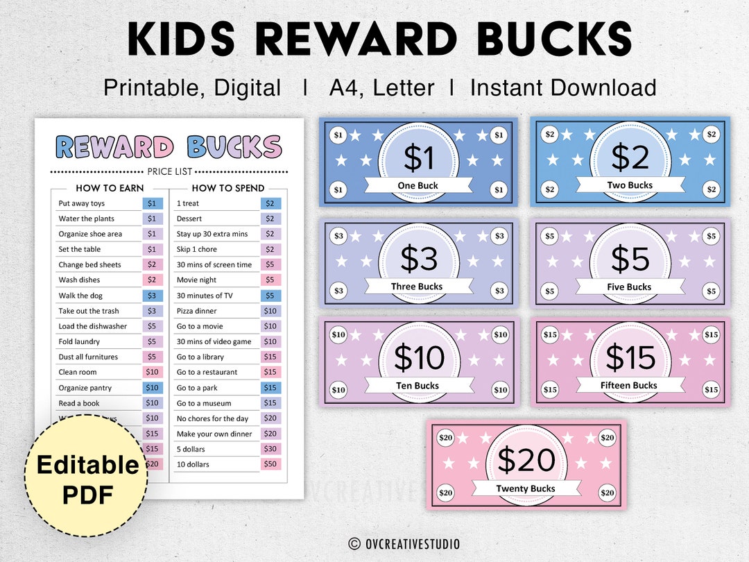 Editable Kids Reward Bucks | Printable | Mom Bucks, PDF Reward System ...
