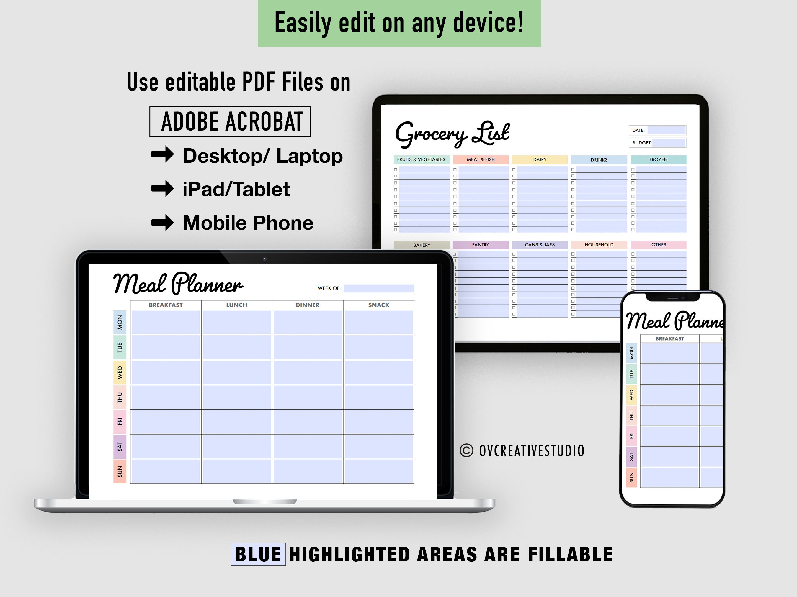 Editable Weekly Meal Planner Grocery List Printable - Etsy
