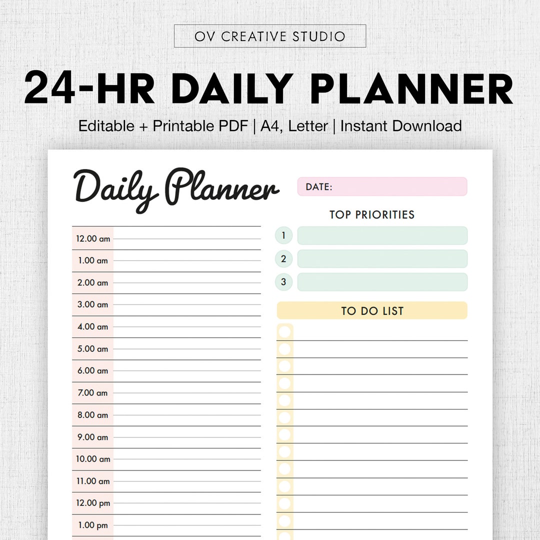 Editable 24 Hour Daily Planner Schedule | Printable, Digital PDF | to ...