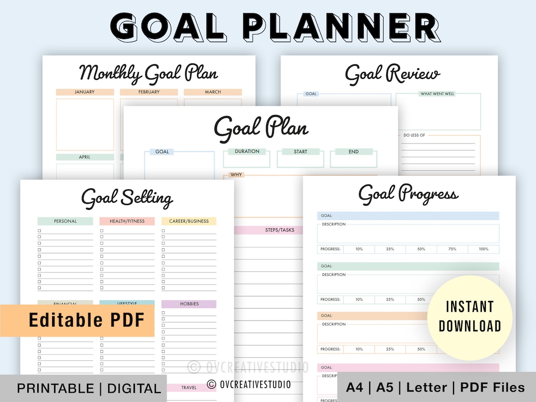 Editable Goal Planner | Printable | Habit, Work Prgress | New Year Goal ...