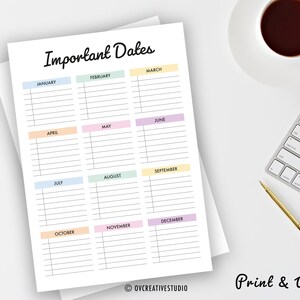 Editable Important Dates Printable | Birthdays, Anniversaries, Holidays ...
