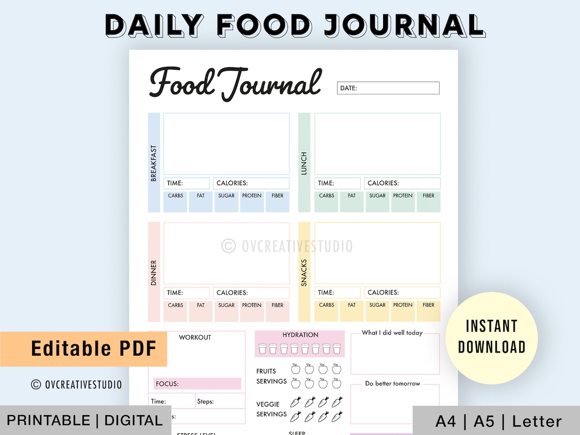 Editable Food Journal Printable Digital Food Diary Daily - Etsy