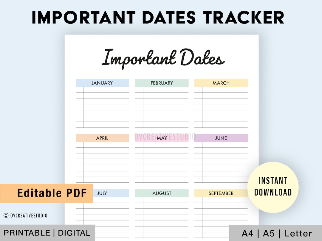 Editable Important Dates Printable | Birthdays, Anniversaries, Holidays ...
