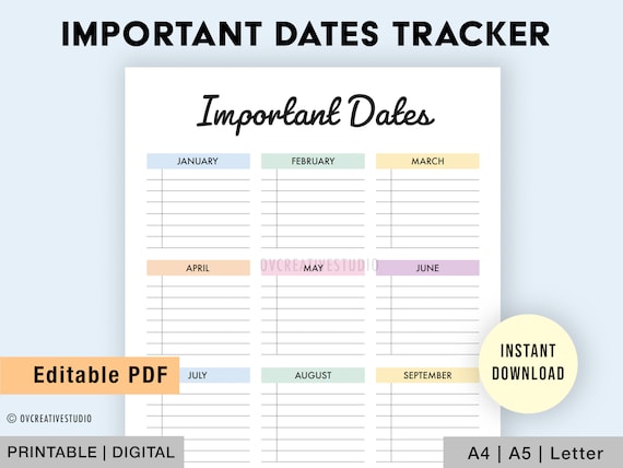 Editable Important Dates Printable Birthdays Anniversaries - Etsy UK