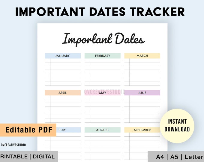 Printable Important Dates Sheet, PDF Important Dates Tracker, PDF Dates ...