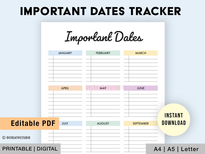 Editable Important Dates Printable | Birthdays, Anniversaries, Holidays ...