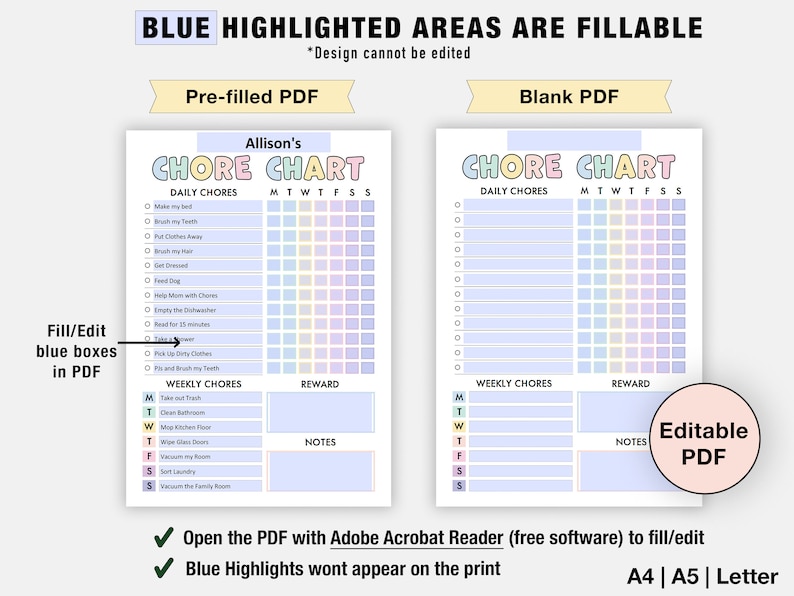 Editable Chore Chart for Kids Printable Kids Daily Weekly - Etsy